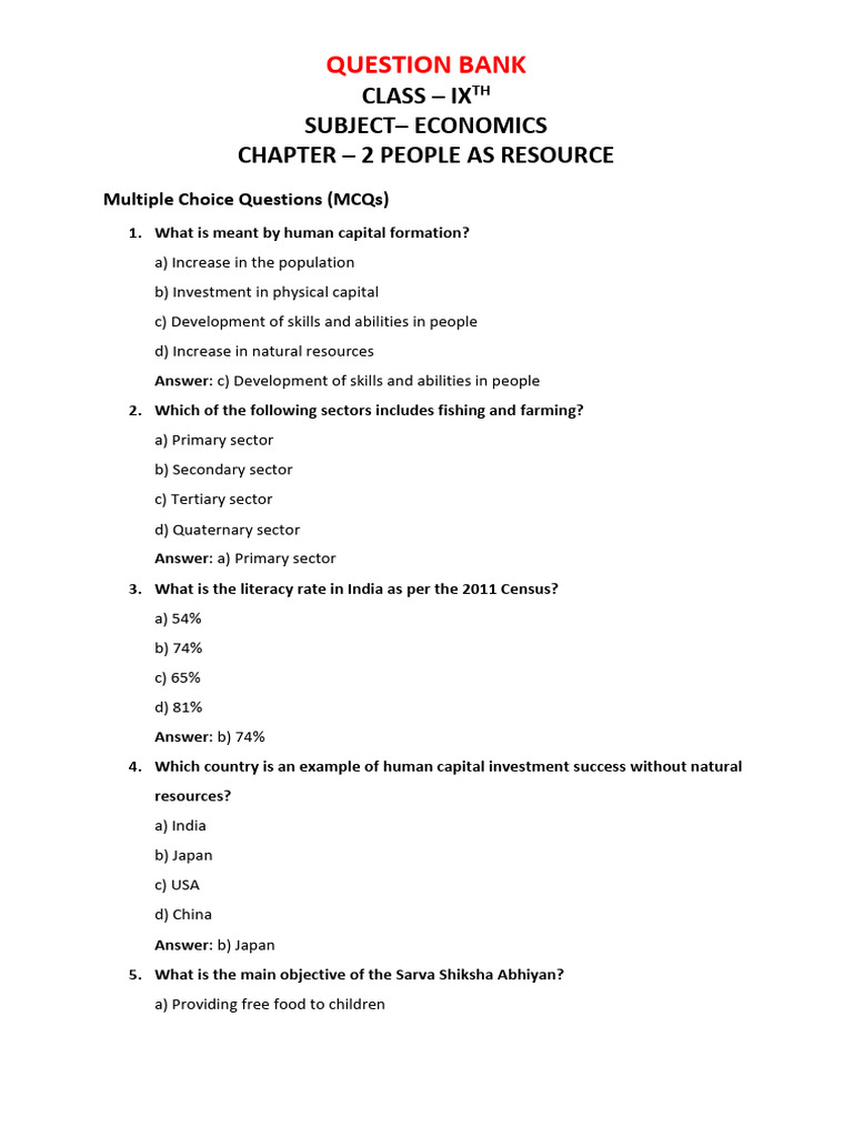 Class Ix Economics Question Bank Chapter - 2 People As Resource | PDF ...