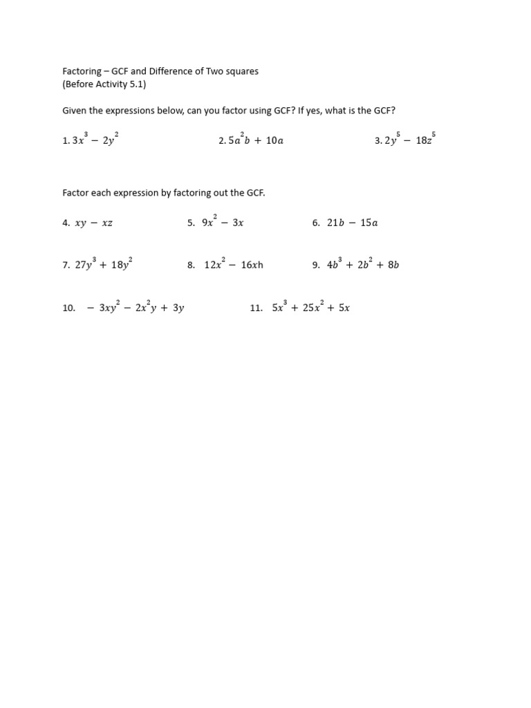 Copy+of+Factoring+ +GCF+and+Difference+of+Two+Squares | PDF