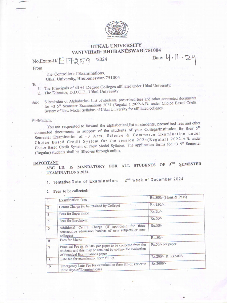 5th Sem Reg Form Fill Up Notice 2024 | PDF