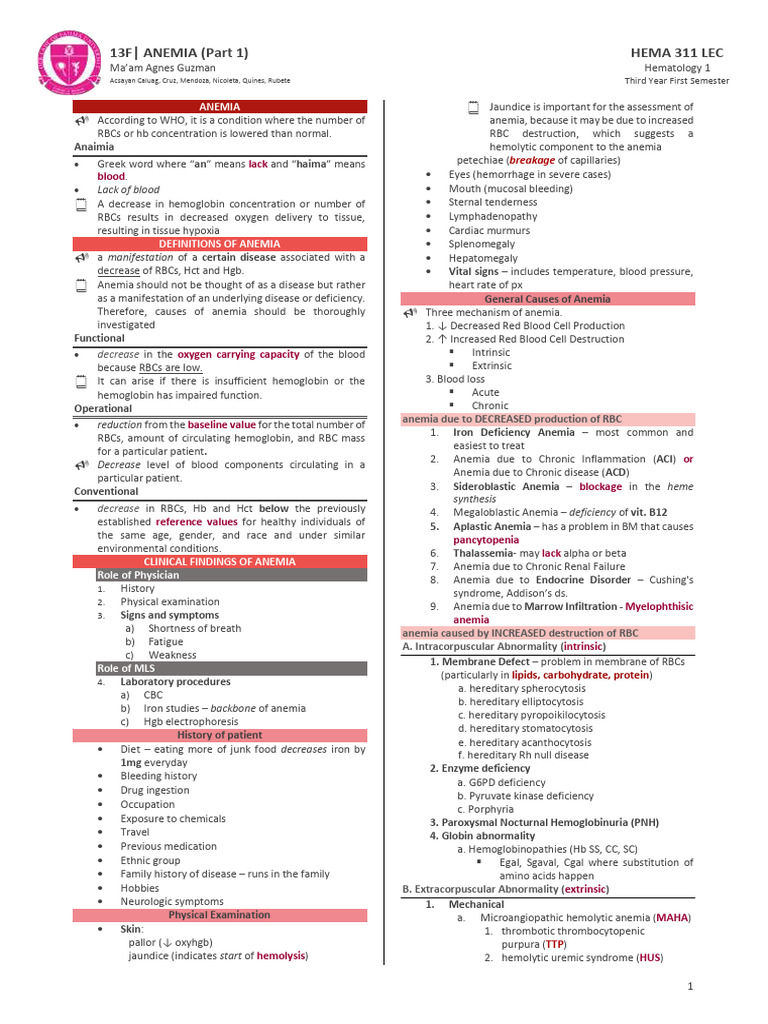 13F Anemia Pt.1 Hema Lec | PDF | Anemia | Hemoglobin