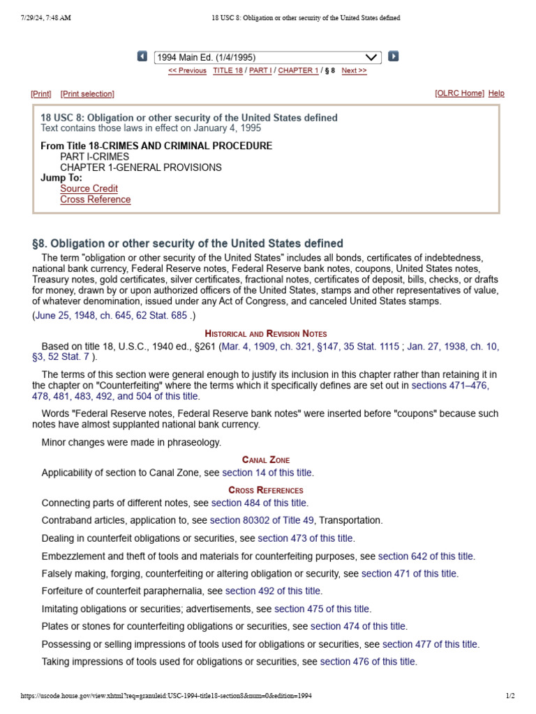 18 USC 8 - Obligation or Other Security of The United States Defined ...