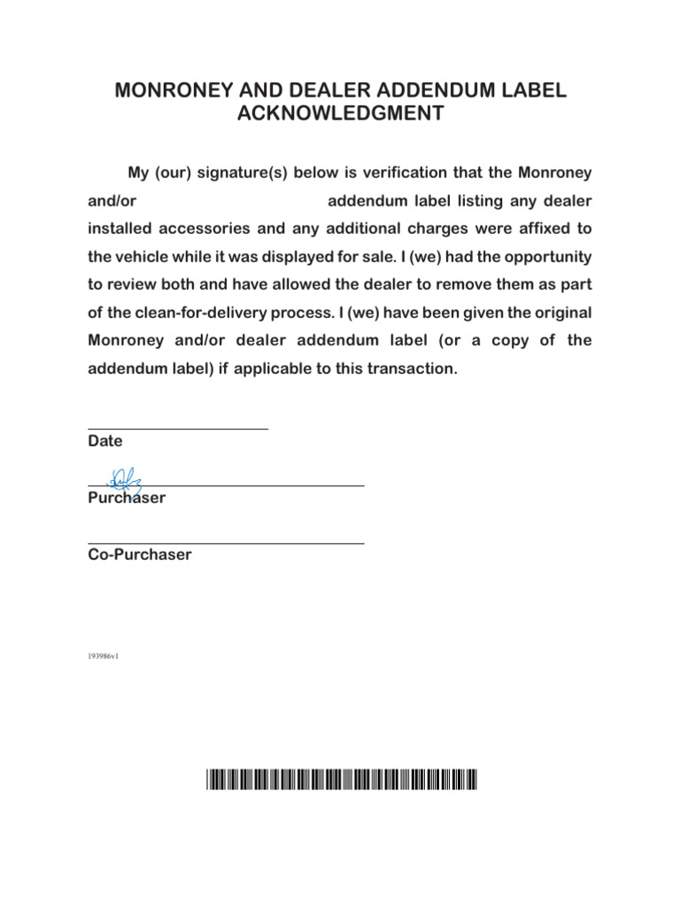 Monroney & Dealer Addendum Acknowledgment | PDF