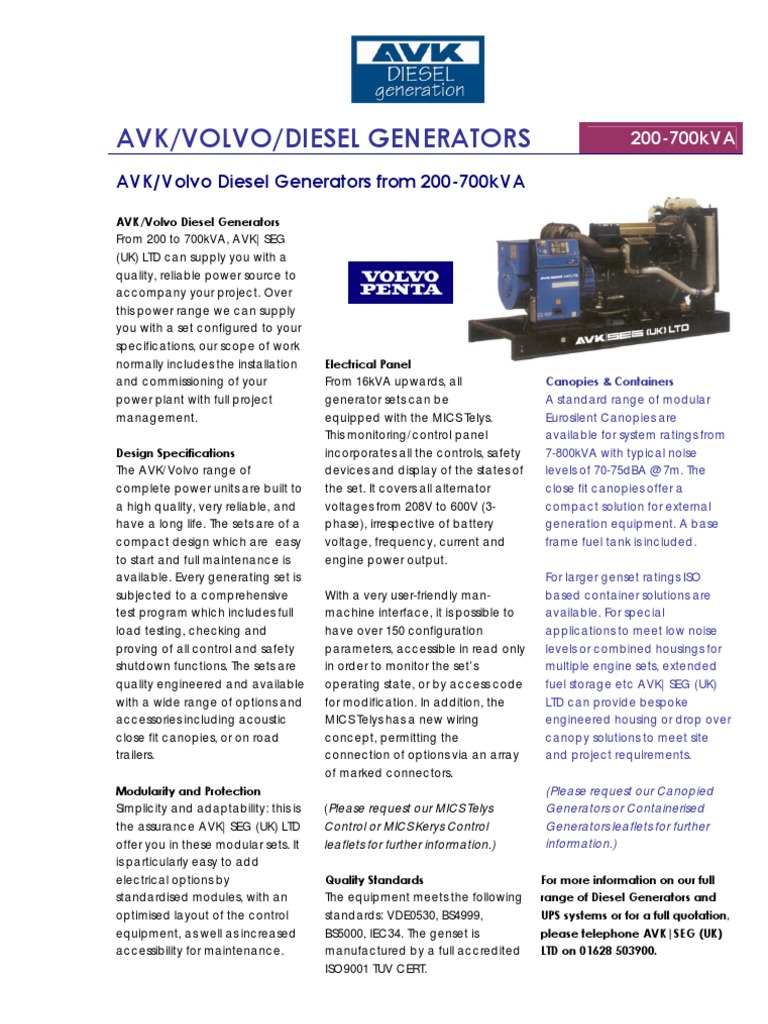 AVK Volvo Diesel Generators 200 700kVA | PDF | Diesel Engine ...