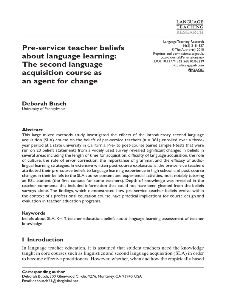 Pre-Service Teacher Beliefs | PDF | Second Language Acquisition ...