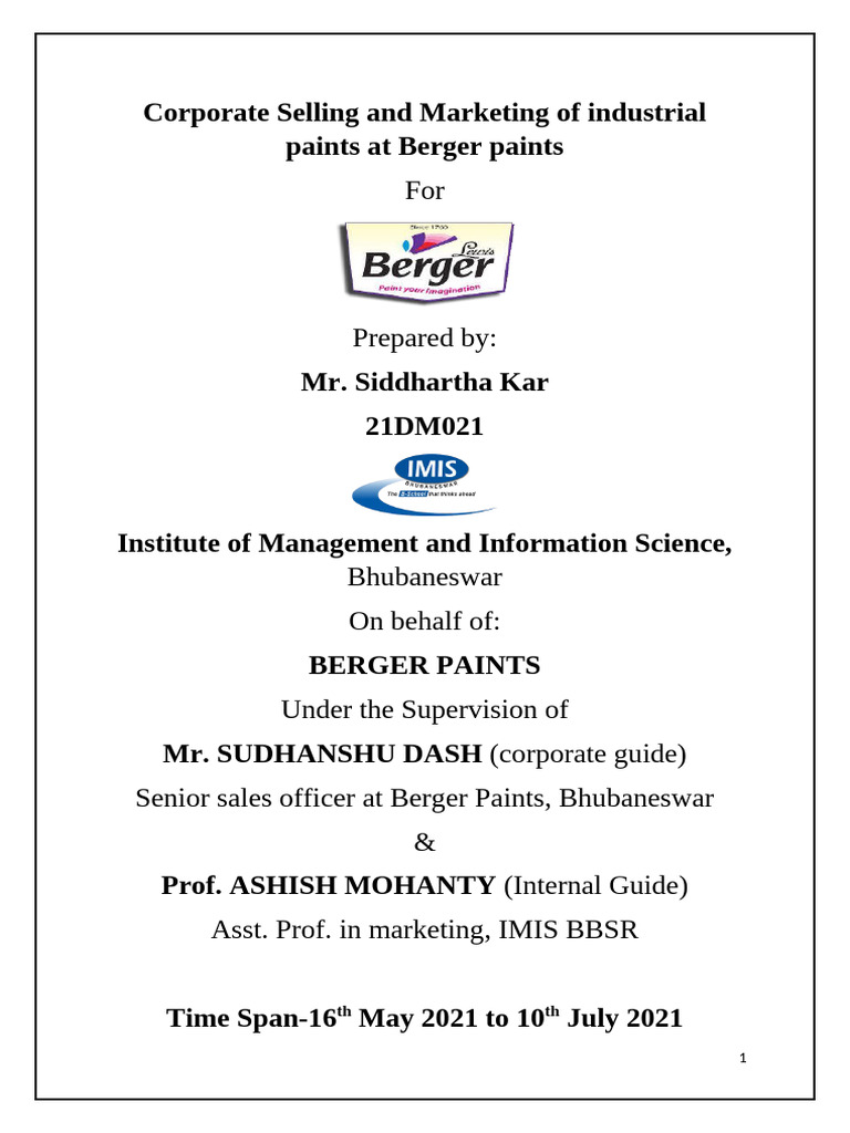 Corporate Marketing of Berger Paints | PDF | Paint | Swot Analysis