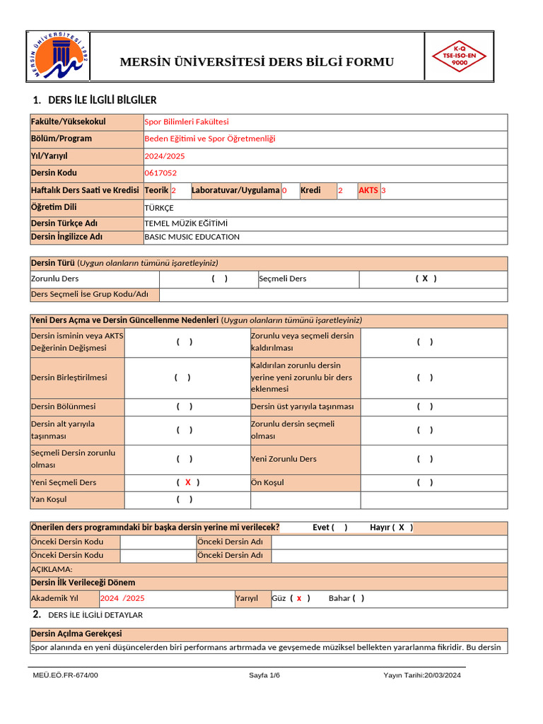 Temel Müzik Eğitimi Ders Güncelleme Formu | PDF