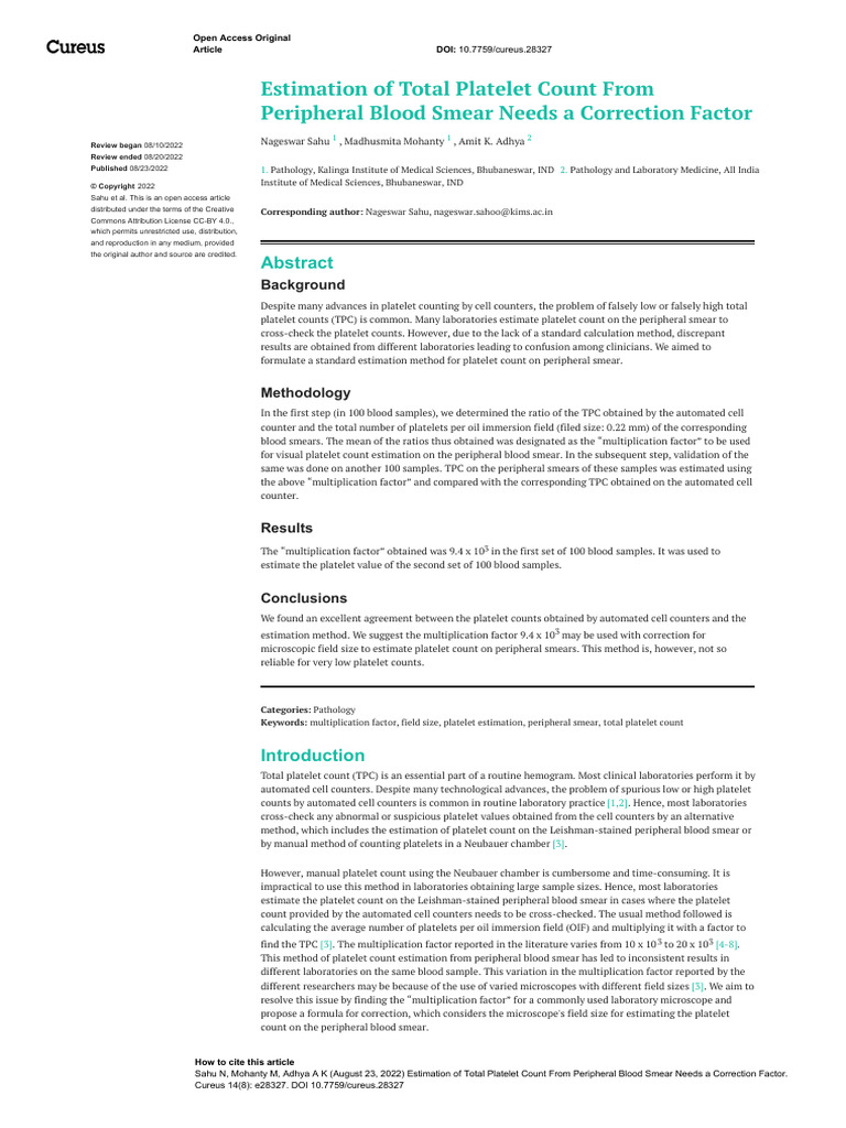 Estimation of Total Platelet Count From | PDF | Platelet | Tissue (Biology)