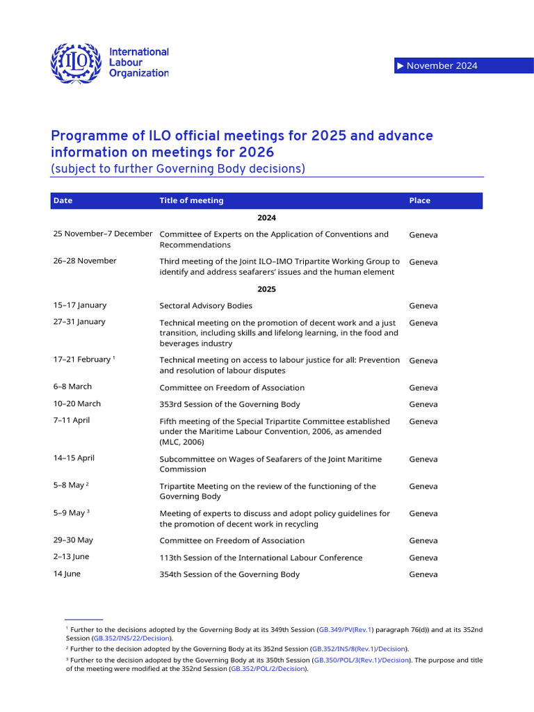 ILO Meetings Schedule 2025-2026 | PDF | International Labour Organization | Labor
