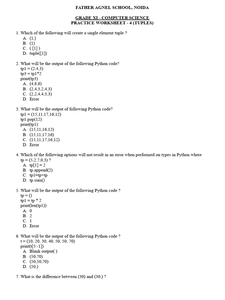 CS - XI - Worksheet-4 (Tuples) | PDF | Computer Programming | Software ... CS - XI - Worksheet-4 (Tuples) | PDF | Computer Programming | Software ...
