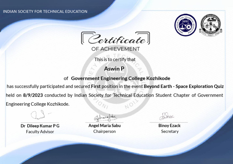 Aswin P's Achievement in Space Quiz | PDF