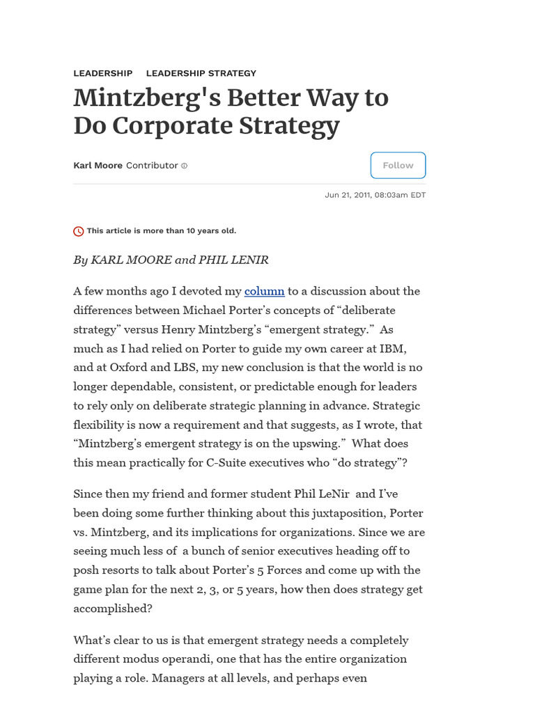 Mintzberg's Emergent Strategy Insights | PDF | Learning | Strategic ...