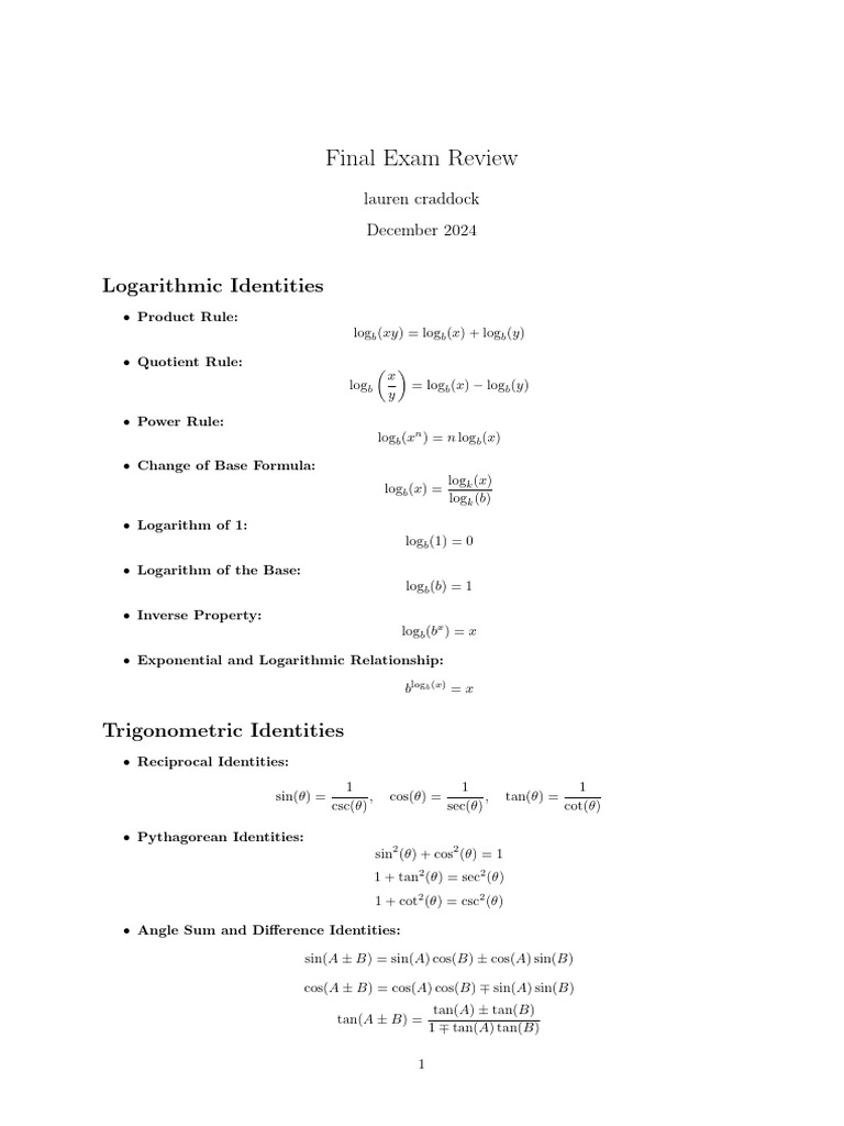 Math Exam Review: Logarithms & Trigonometry | PDF | Quadratic Equation ...