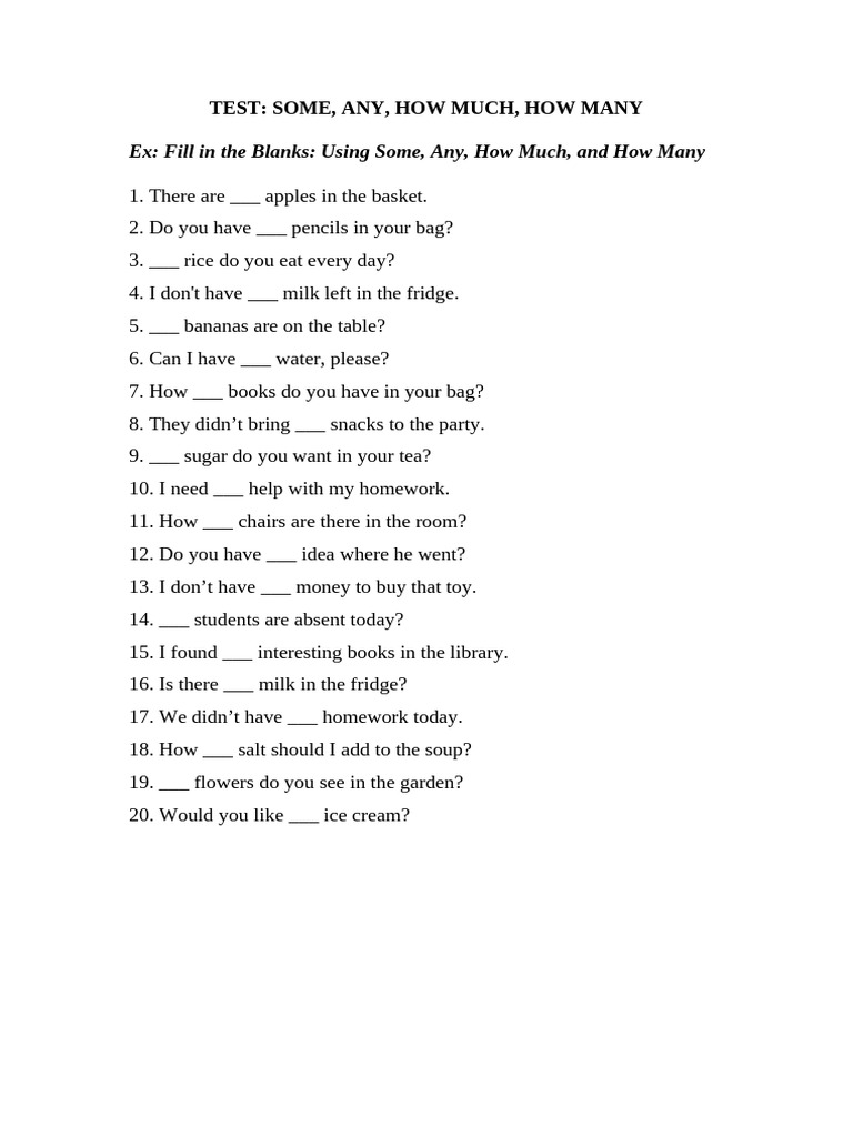 Test on Some, Any, Much, Many | PDF