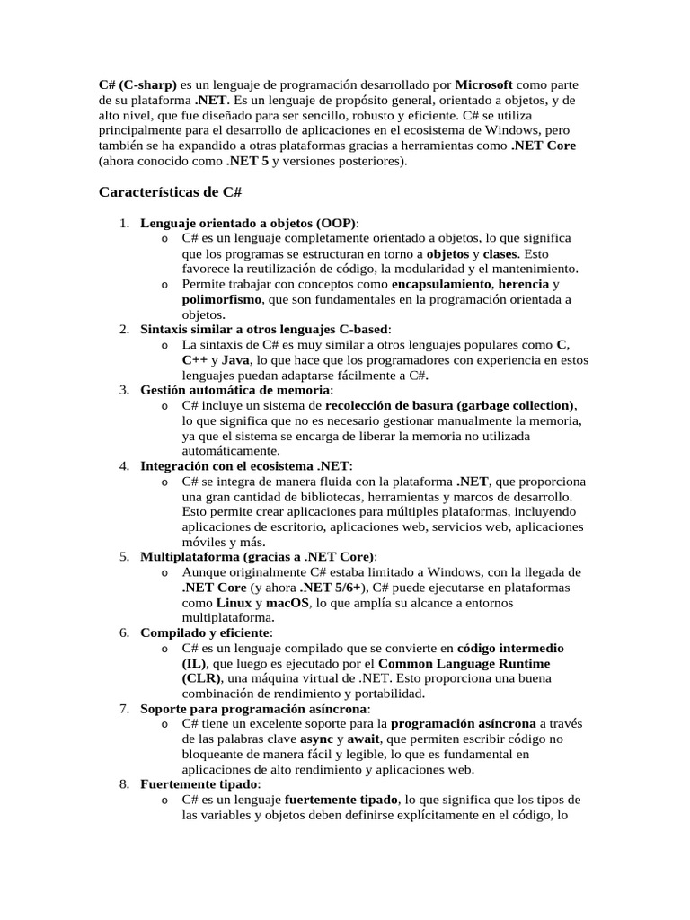 Características de C# | PDF | .NET Framework | C Sharp (lenguaje de programación)