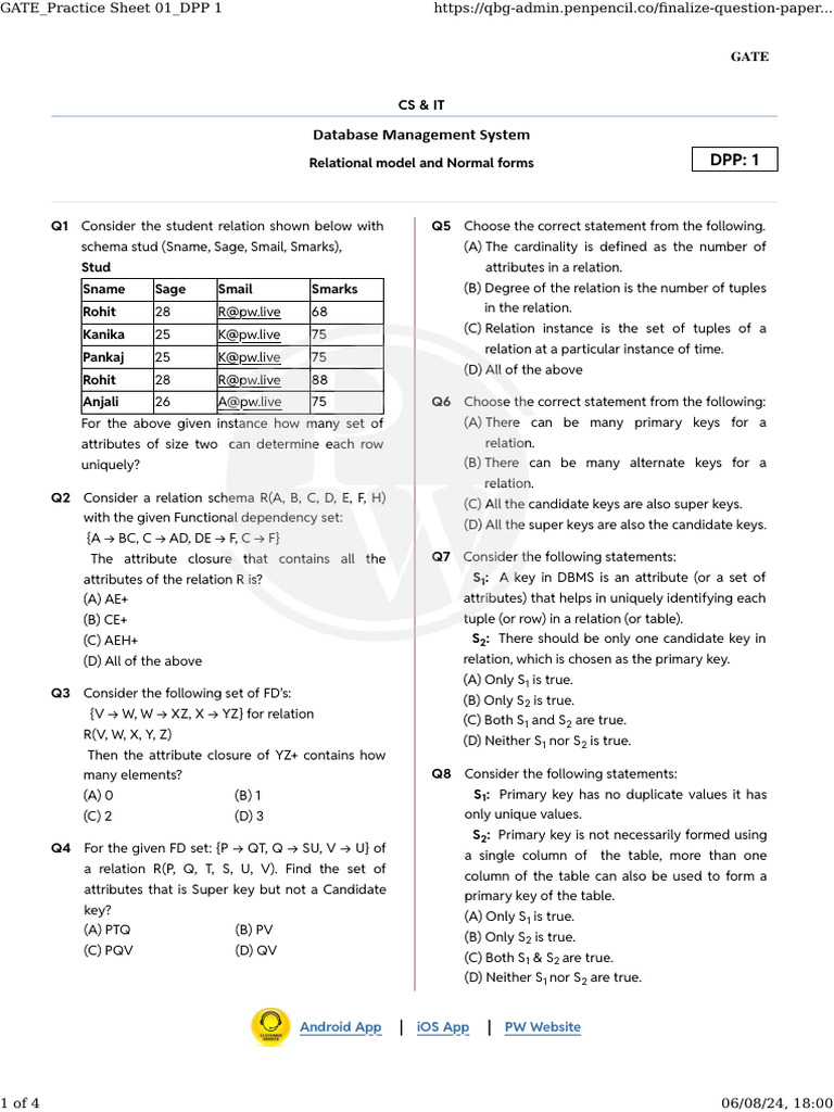Relational model and Normal forms _ DPP 01 | PDF | Relational Model ... Relational model and Normal forms _ DPP 01 | PDF | Relational Model ...
