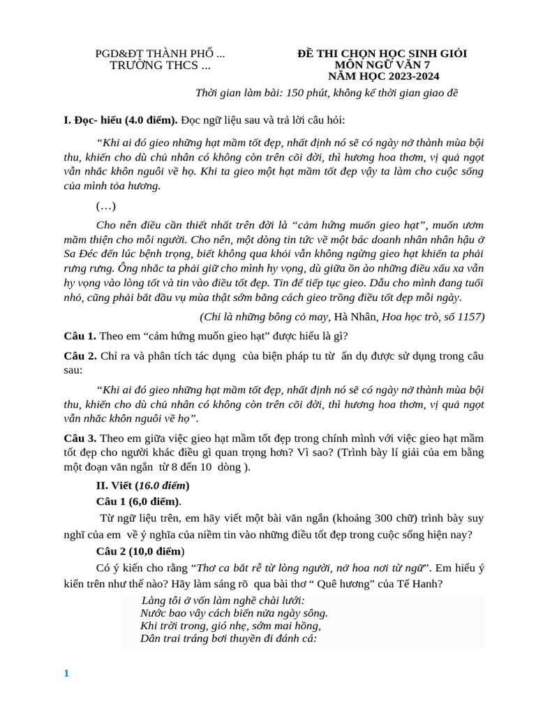 ĐỀ 3 -HSG V7 - Hà | PDF