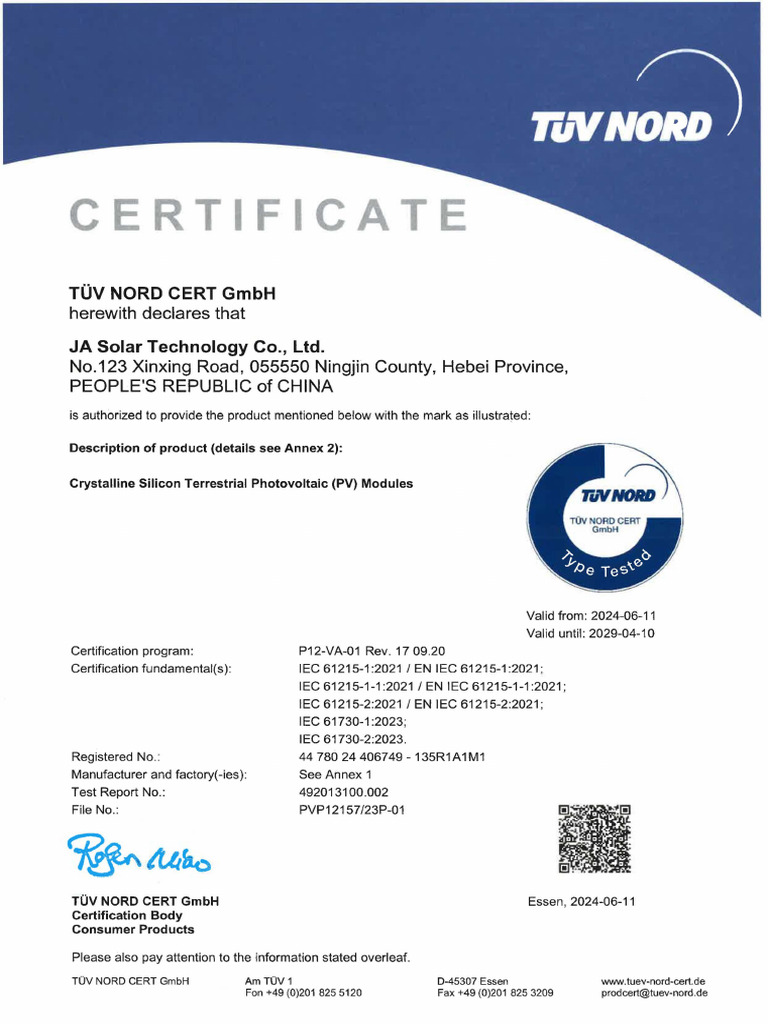 JA Solar PV Modules Certification | PDF | Solar Panel | Sustainable Energy