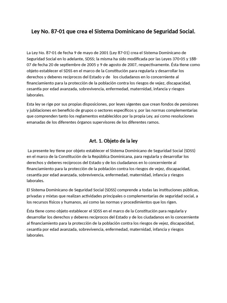 Ley No. 87-01 que crea el Sistema Dominicano de Seguridad Social. | PDF ...