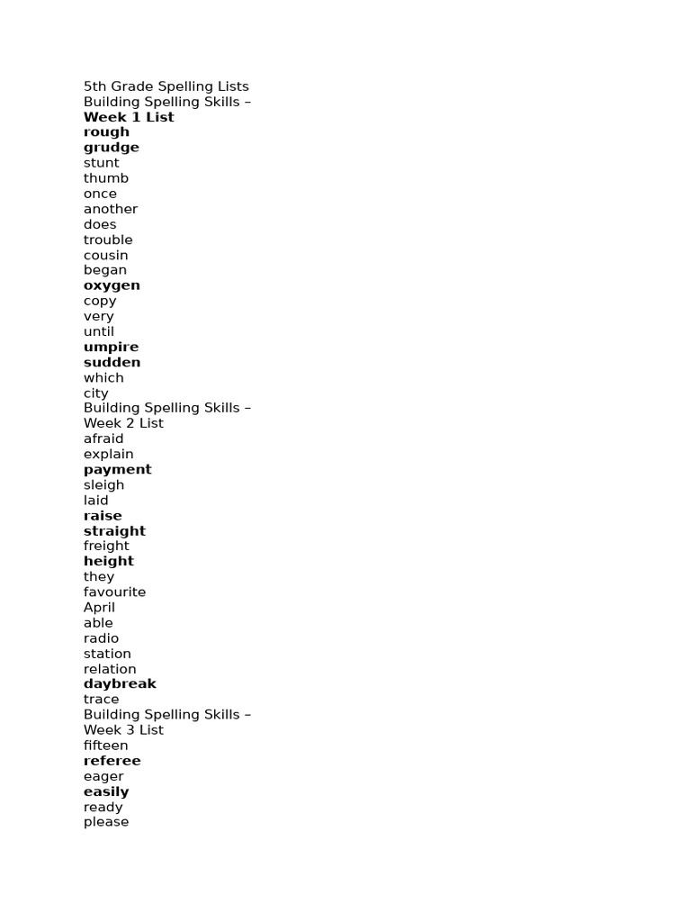 5th Grade - Spelling Test | PDF