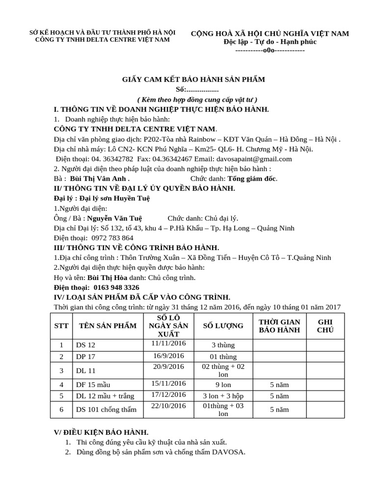 GIAY CAM KET BAO HANH SAN PHAM - Co Hòa Sau - co to - 2016 | PDF