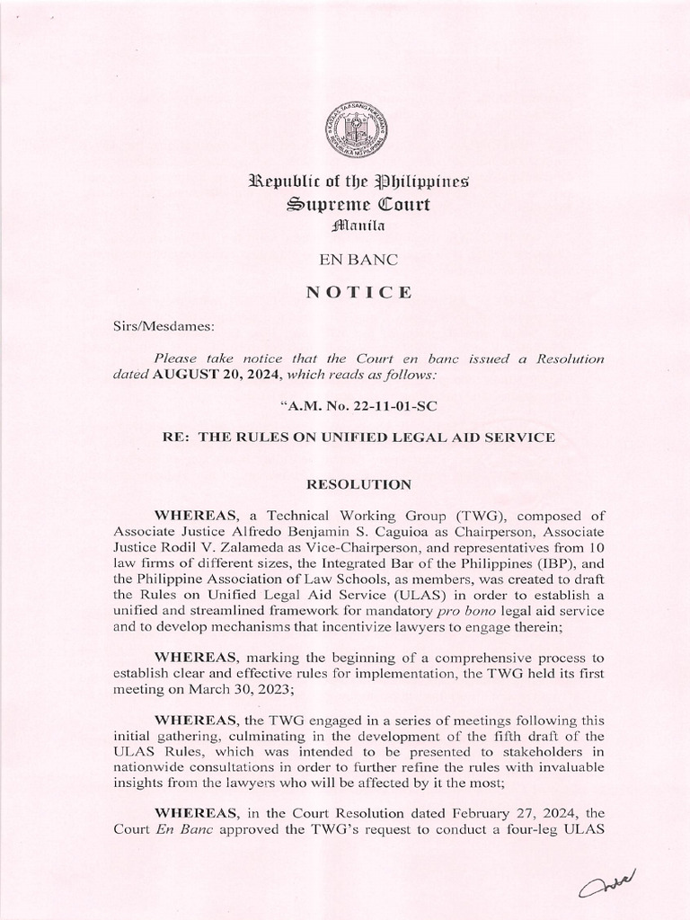 A M No 22 11 01 SC RESOLUTION Re The Rules On Unified Legal Aid | PDF