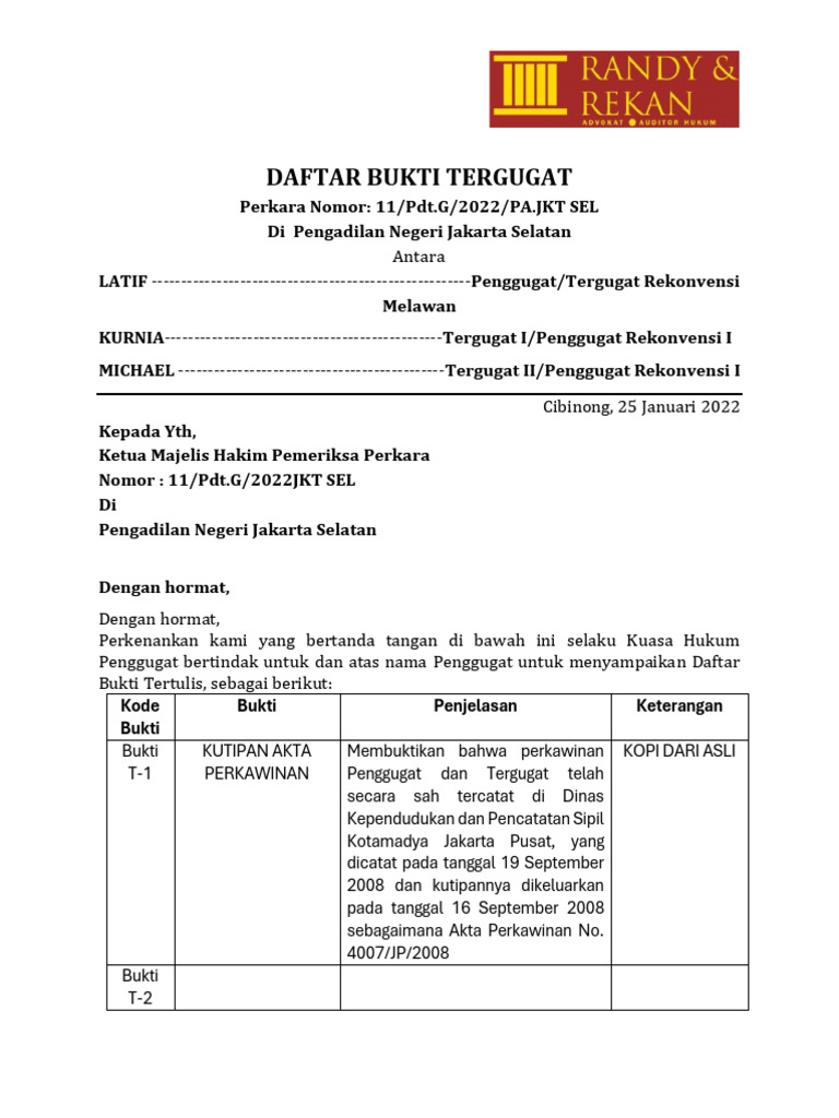 Daftar Bukti Tergugat Perkara 11/Pdt.G/2022 | PDF