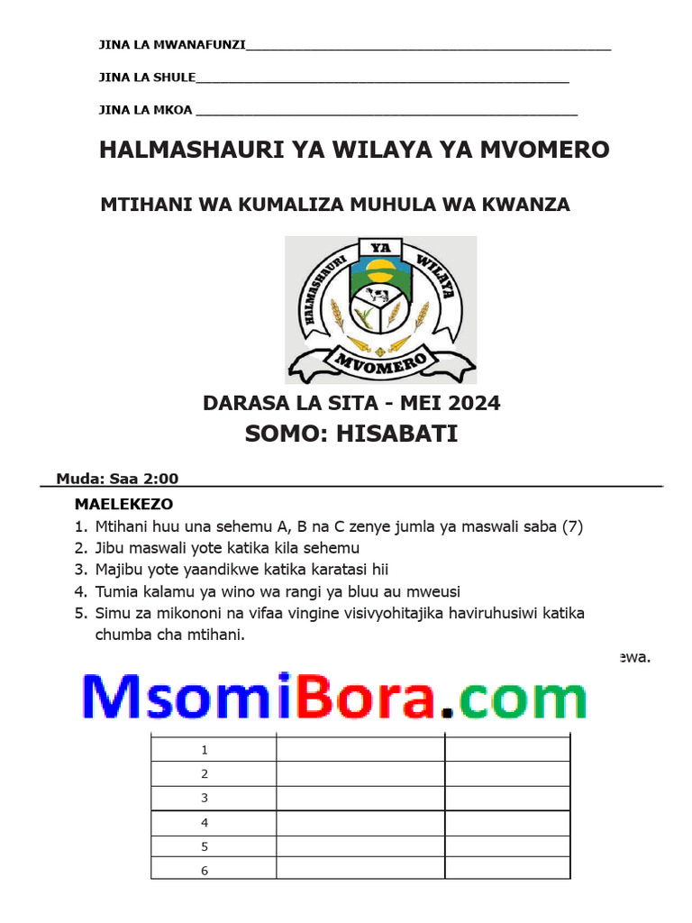 Mitihani Ya Darasa La Saba Mwaka Huu | PDF