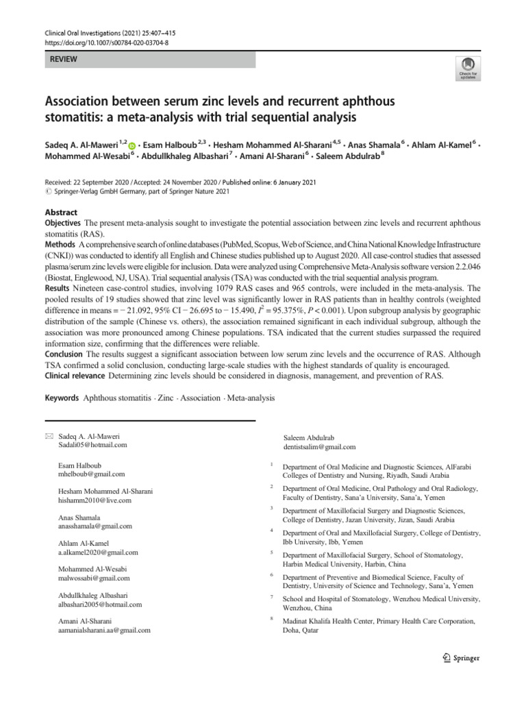 Zinc and Apthous Ulcer Tsa | PDF | Meta Analysis | Medical Specialties