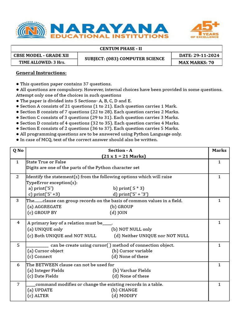 CLASS XII CENTUM PHASE-II CS QP 29-11-2024 (1) | PDF | Computer Programming | Computing