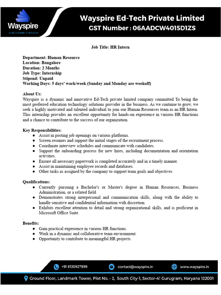 Unpaid Internship JD For HR Intern | PDF