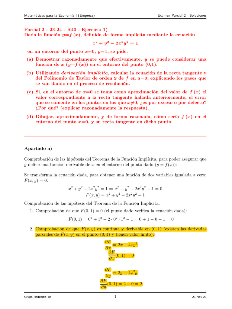 Mat I ADE Examen Parcial 2 Soluciones 23 - 24 R40 | PDF | Ecuaciones | Tangente