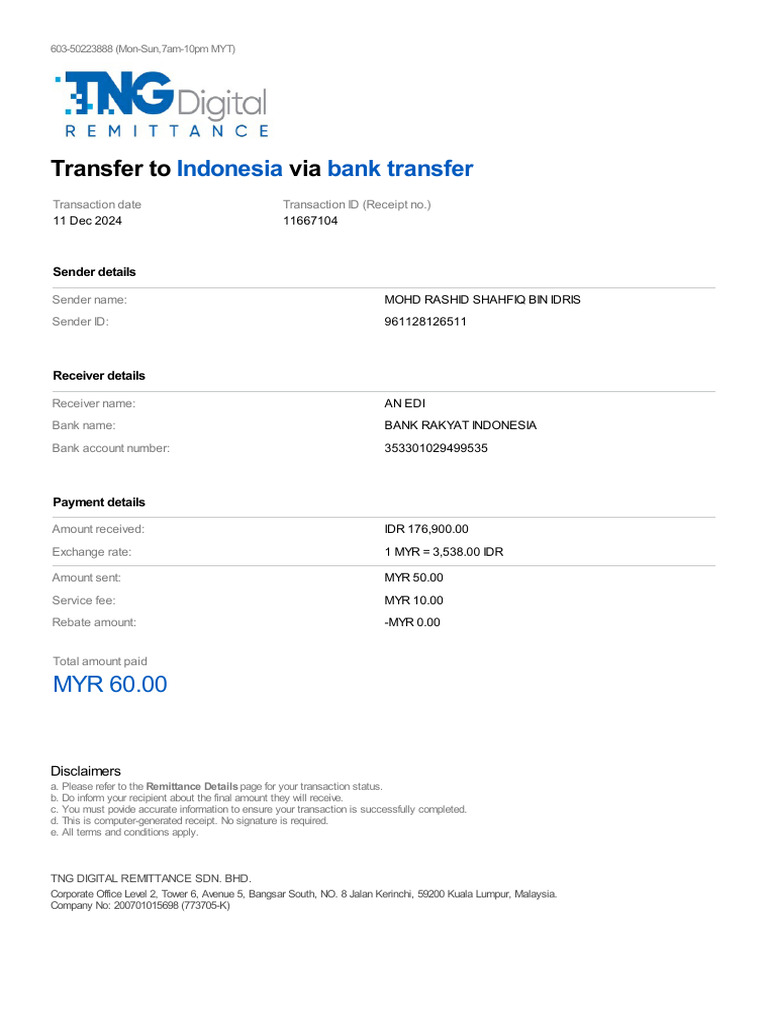 Bank Transfer Receipt to Indonesia | PDF