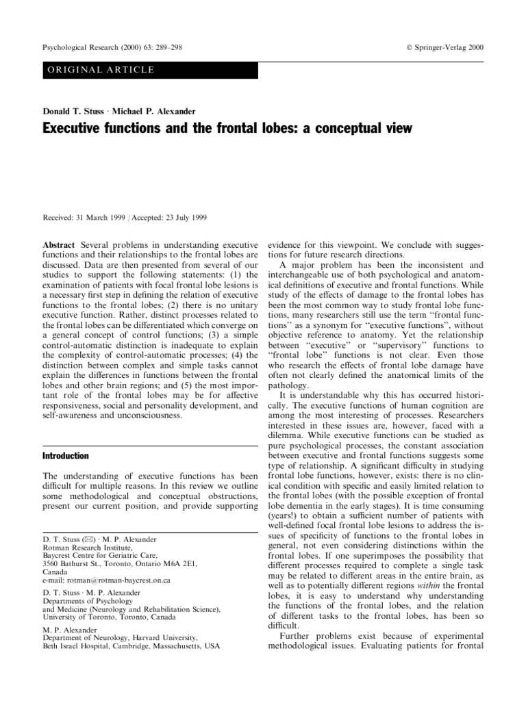 Executive Functions and Frontal Lobe A Conceptual View | PDF | Recall (Memory) | Frontal Lobe