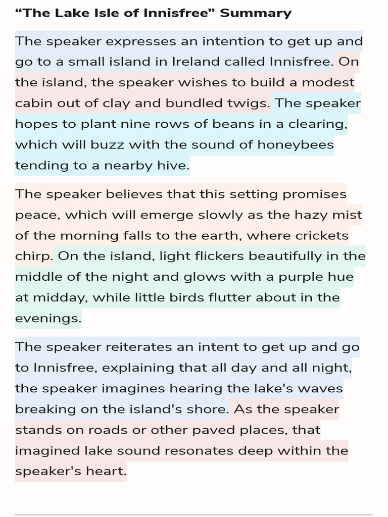 The Lake Isle of Innisfree Poem Summary and Analysis LitCharts | PDF