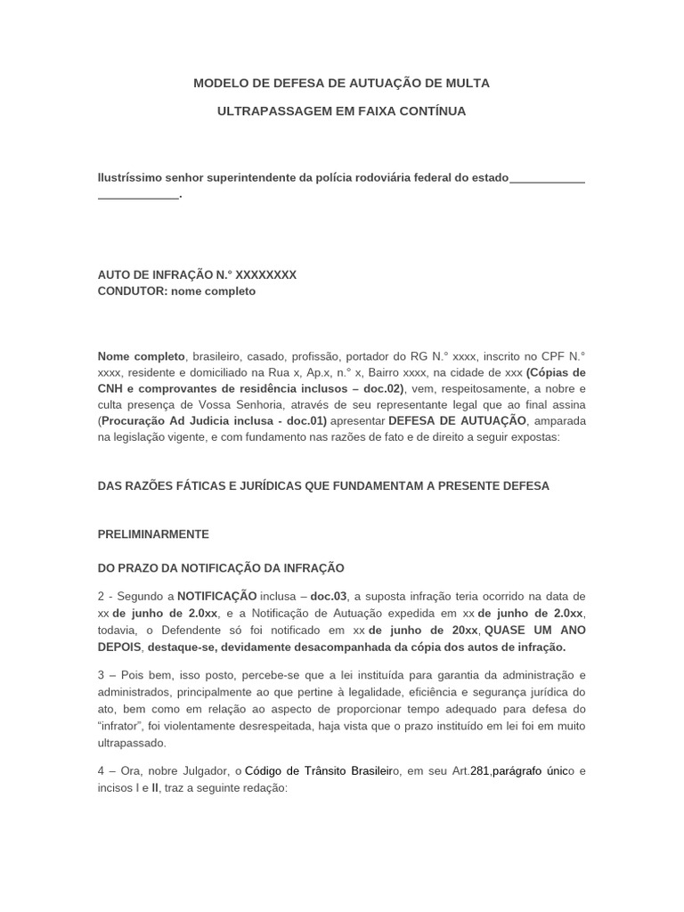 Modelo de Recurso de Autuacao de Multa Ultrapassagem em Faixa Continua ...