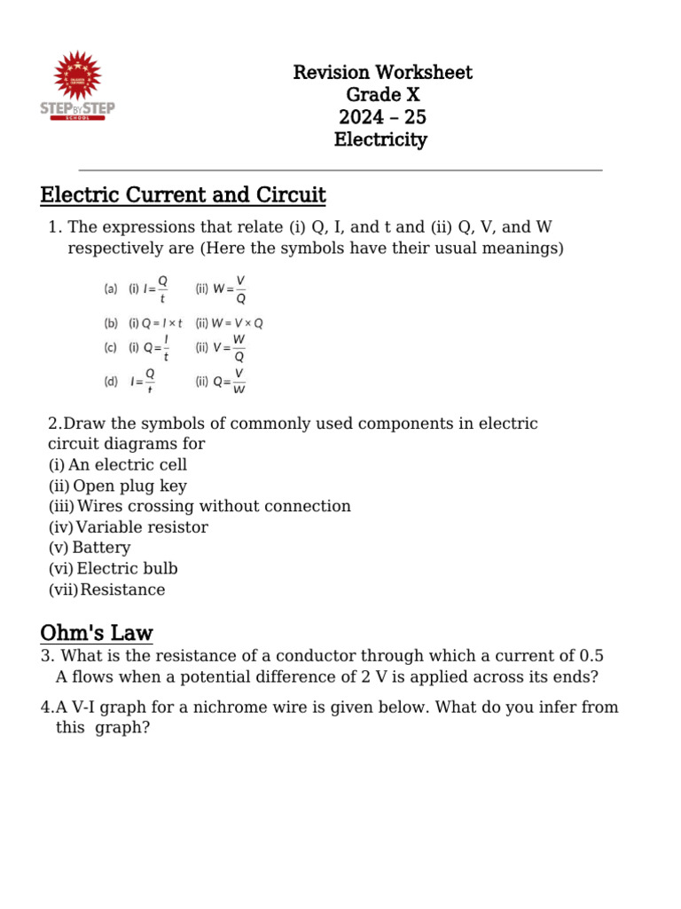 Electricity Revision Worksheet 2024-25 | PDF | Electrical Resistance ...