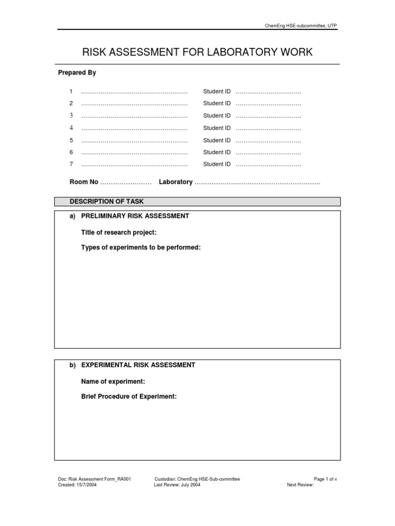 Risk Assessment Form RA 001 | PDF | Prevention | Risk