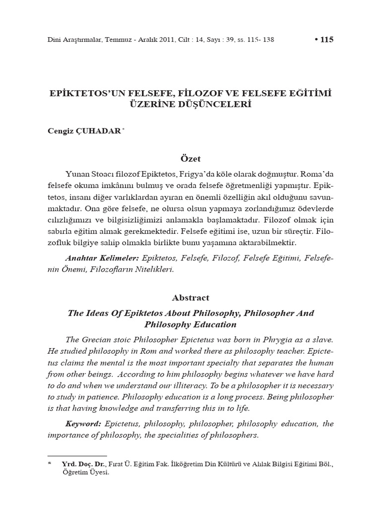 Epiktetos'un Felsefe, Filozof Ve Felsefe E - Itimi - Zerine D - Nceleri (#61711) - 52106 | PDF