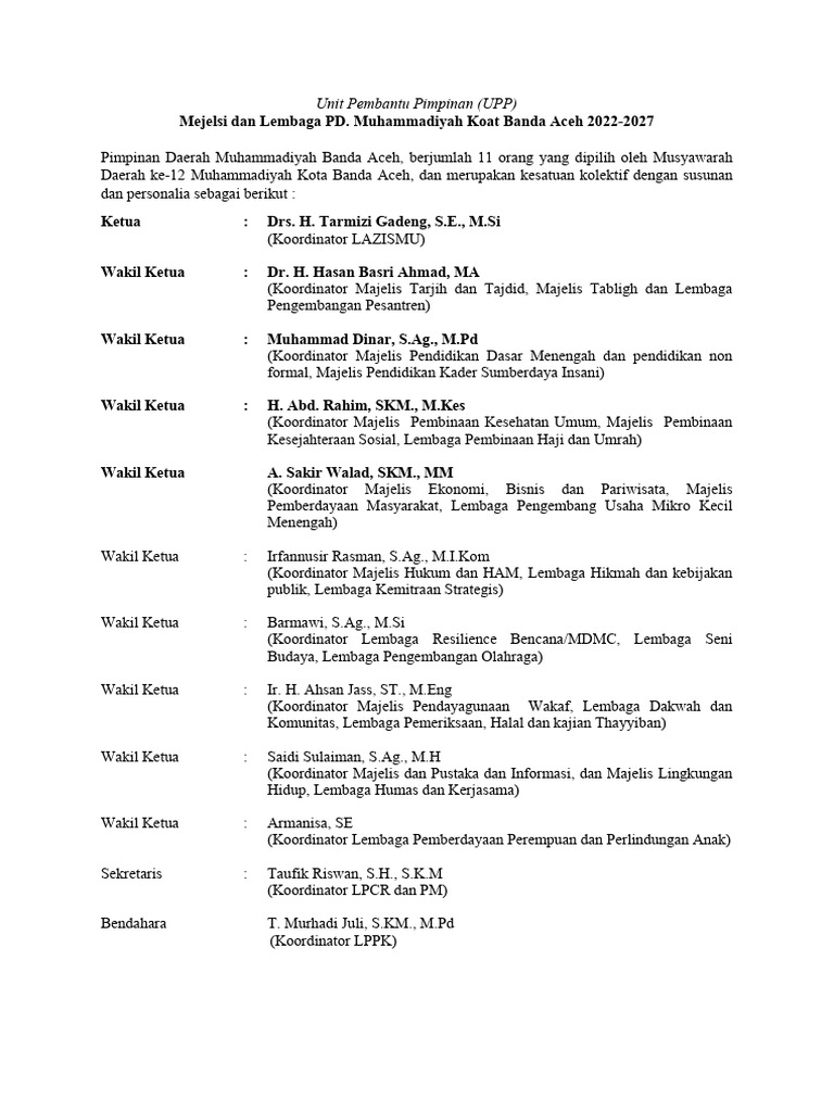 Draf1 Struktur Majelsi Dan Lembaga PDM Banda Aceh 2022-2027 | PDF