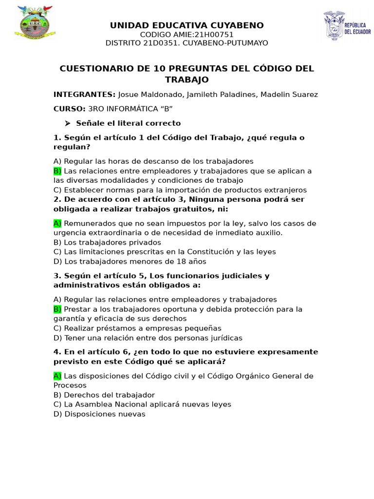 Cuestionario de 10 Preguntas Del Código Del Trabajo | PDF | Justicia | Crimen y violencia