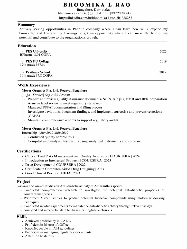 BHOOMIKA RAO CV | PDF