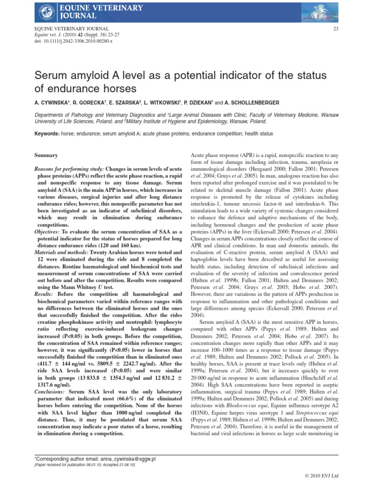 Serum Amyloid a Level as a Potential Indicator of the Status of Endurance Horses | PDF ...
