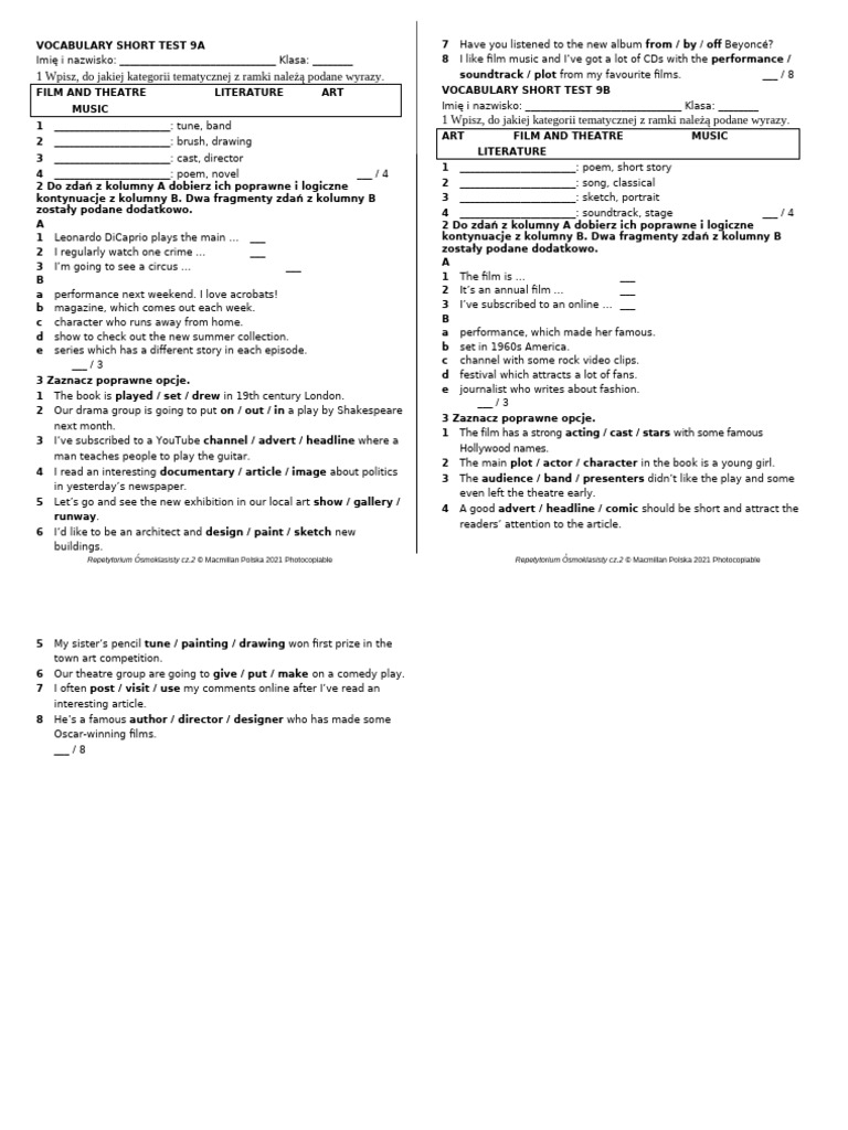 Vocabulary Short Test for Arts and Media | PDF | Entertainment
