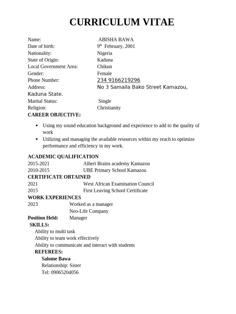 Curriculum Vitaeabisha Bawa | PDF