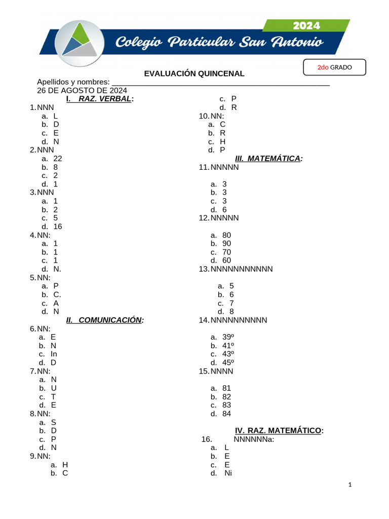 Evaluación Quincenal 2do Grado 2024 | PDF