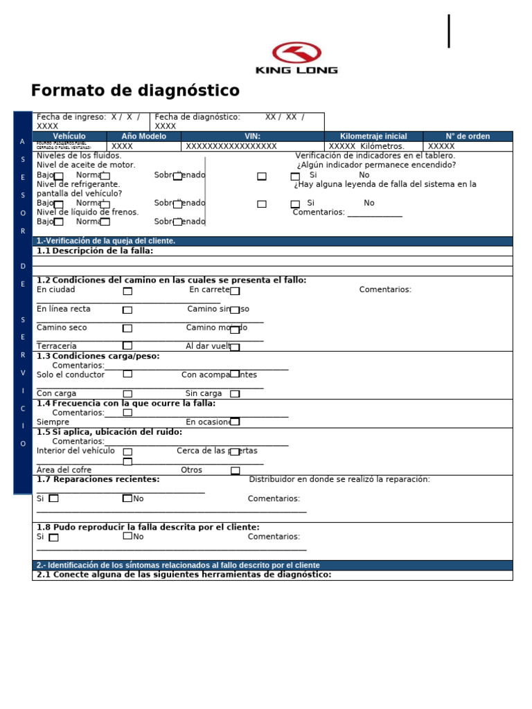 Formato de diagnóstico KING LONG - RELLENABLE | PDF