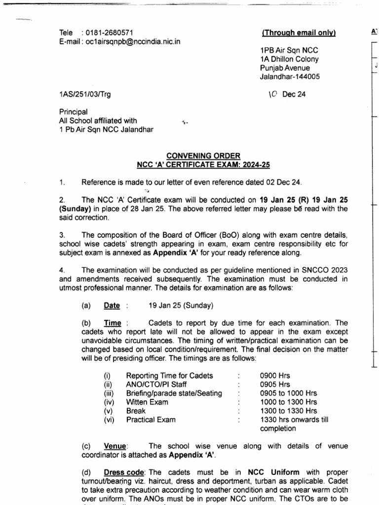 NCC 'A' Certificate Exam Schedule 2025 | PDF