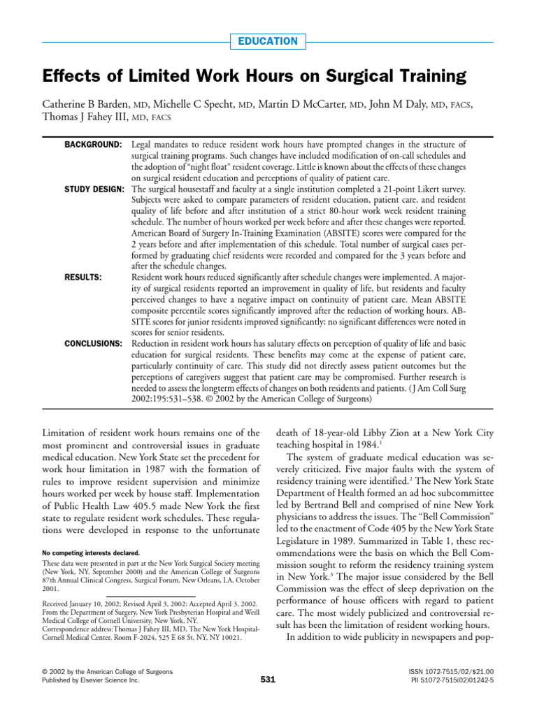Effects of Limited Work Hours On Surgica | PDF | Residency (Medicine ...