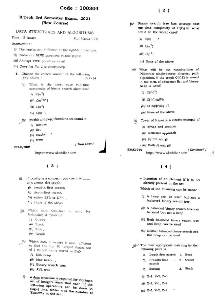 Btech 3 Sem Data Structures and Algorithms 100304 2021 | PDF