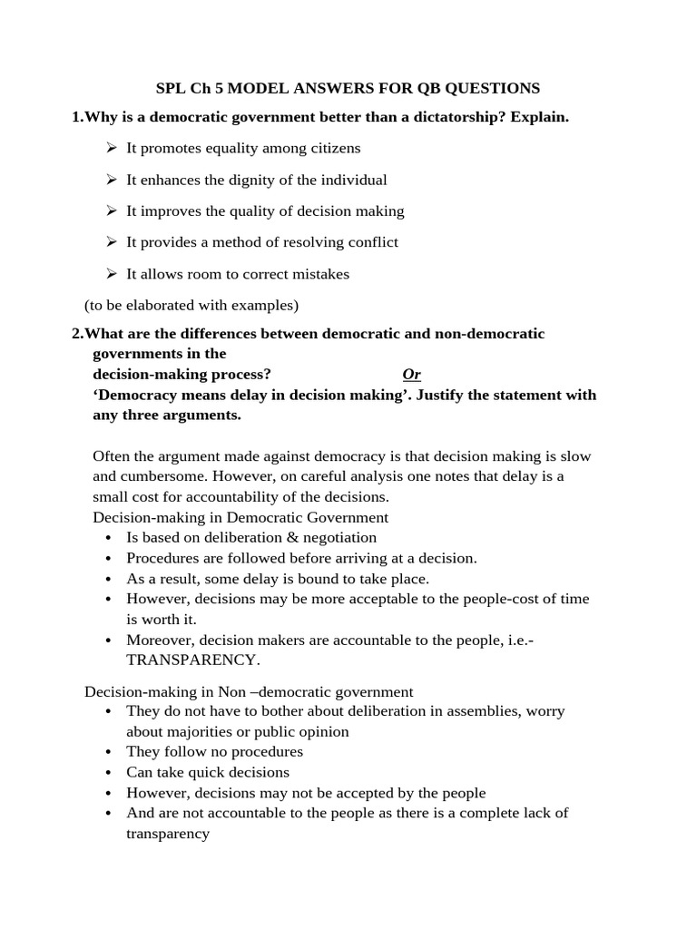 Pol SC CH 5 Outcomes of Dem-Model Ans (Nov'24) | PDF | Democracy ...